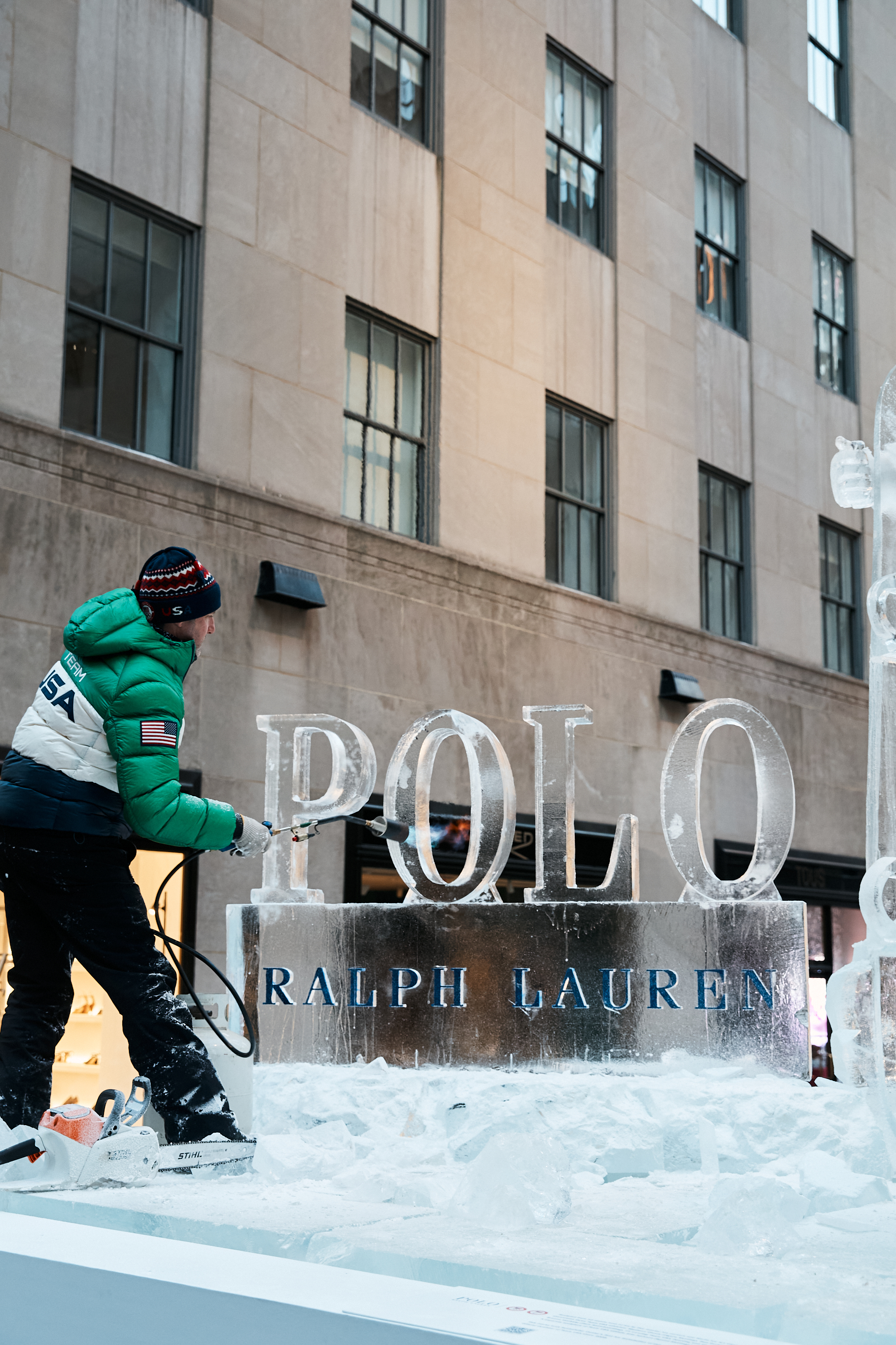 Ralph Lauren's Giant Olympic Ice Sculpture at Rockefeller Center